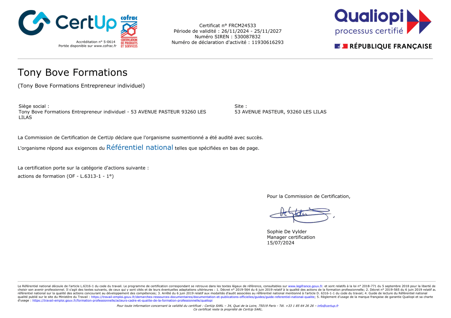 Certification - Tony Bove Formations
